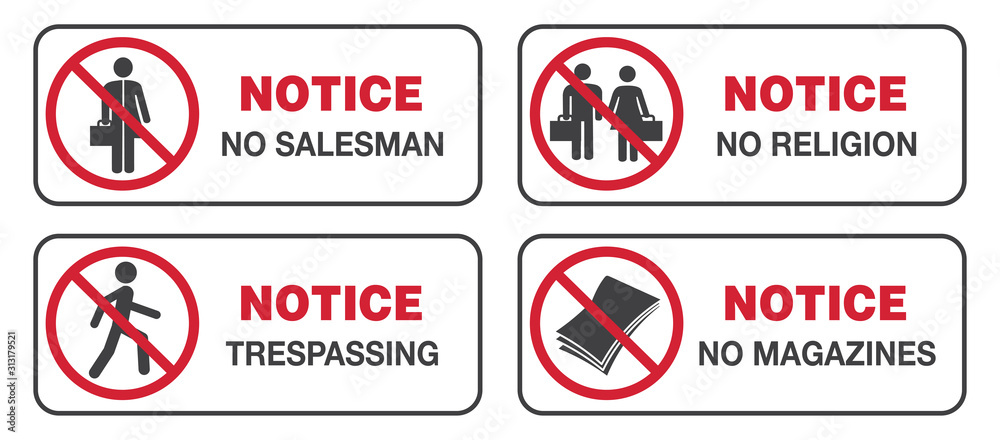 No soliciting no religion no trepassing and no magazines sign Stock ...