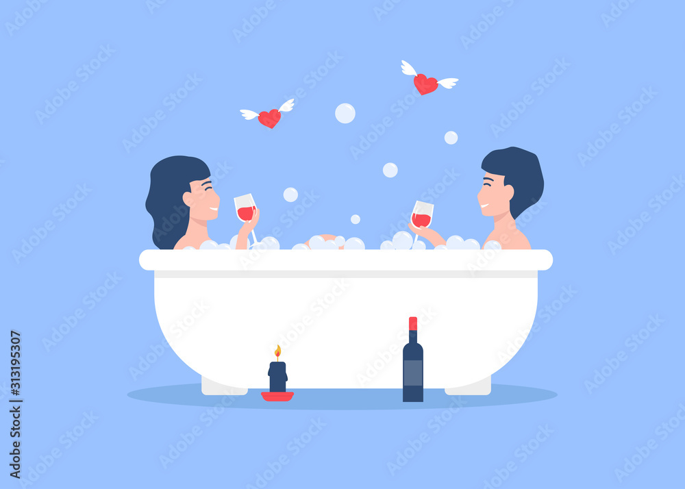 Young happy couple people lying in bathtub full of soap foam, taking ...