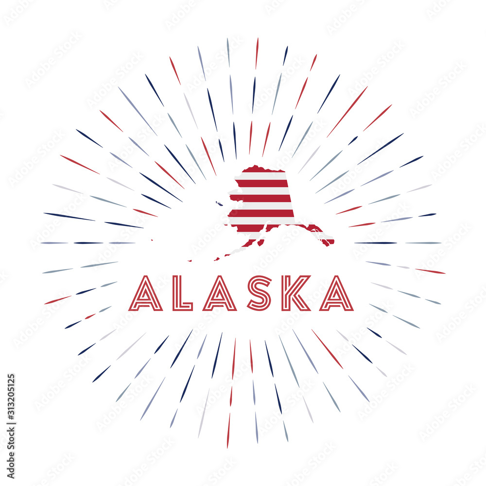 Alaska sunburst badge. The us state sign with map of Alaska with ...