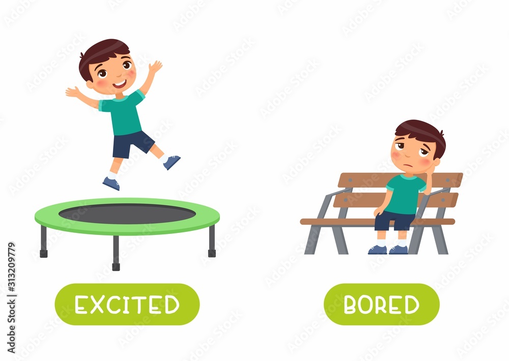 Excited and bored antonyms word card vector template. Flashcard for ...