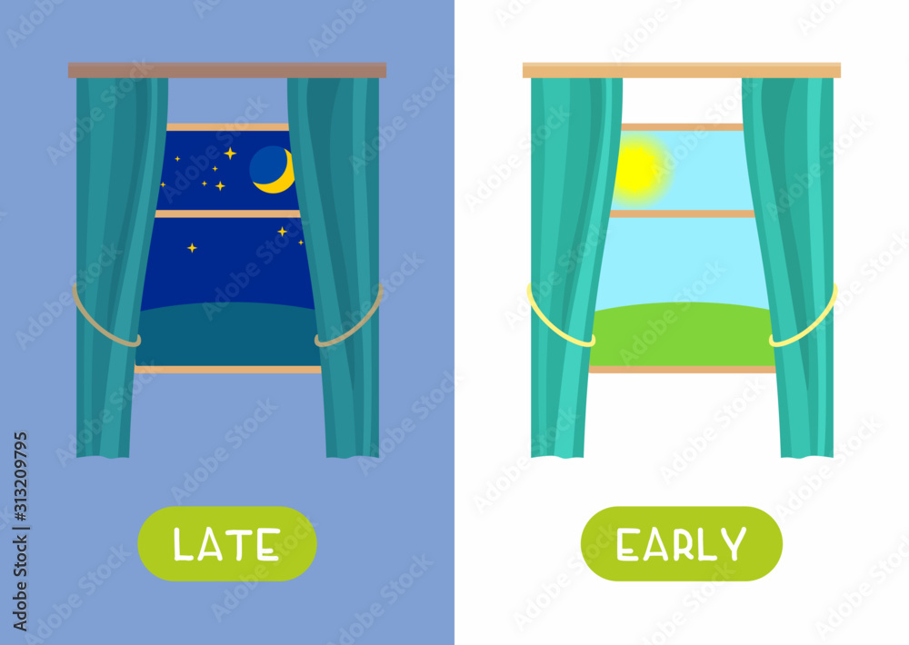 Windows with curtains, with Night and morning nature landscape cartoon ...