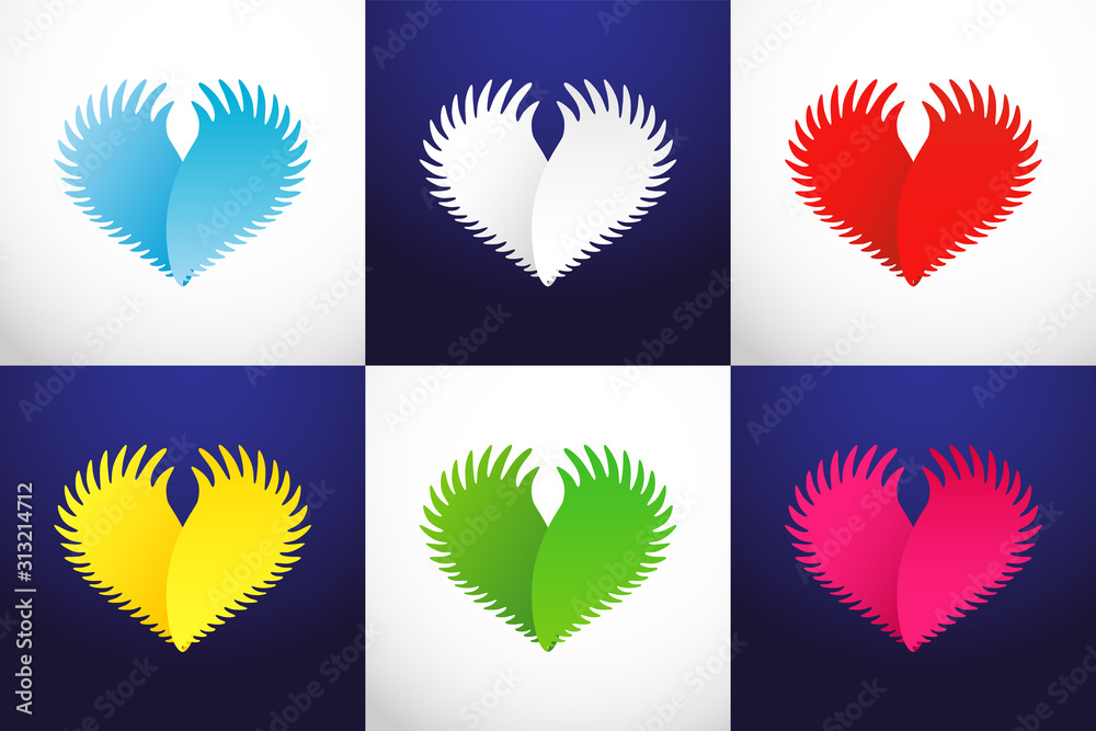 Heart as wings. Creative logo on white and dark sky blue background ...