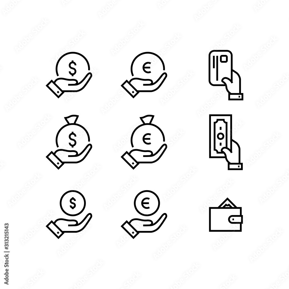 Money icon set simple outline flat symbols illustration Stock Vector ...