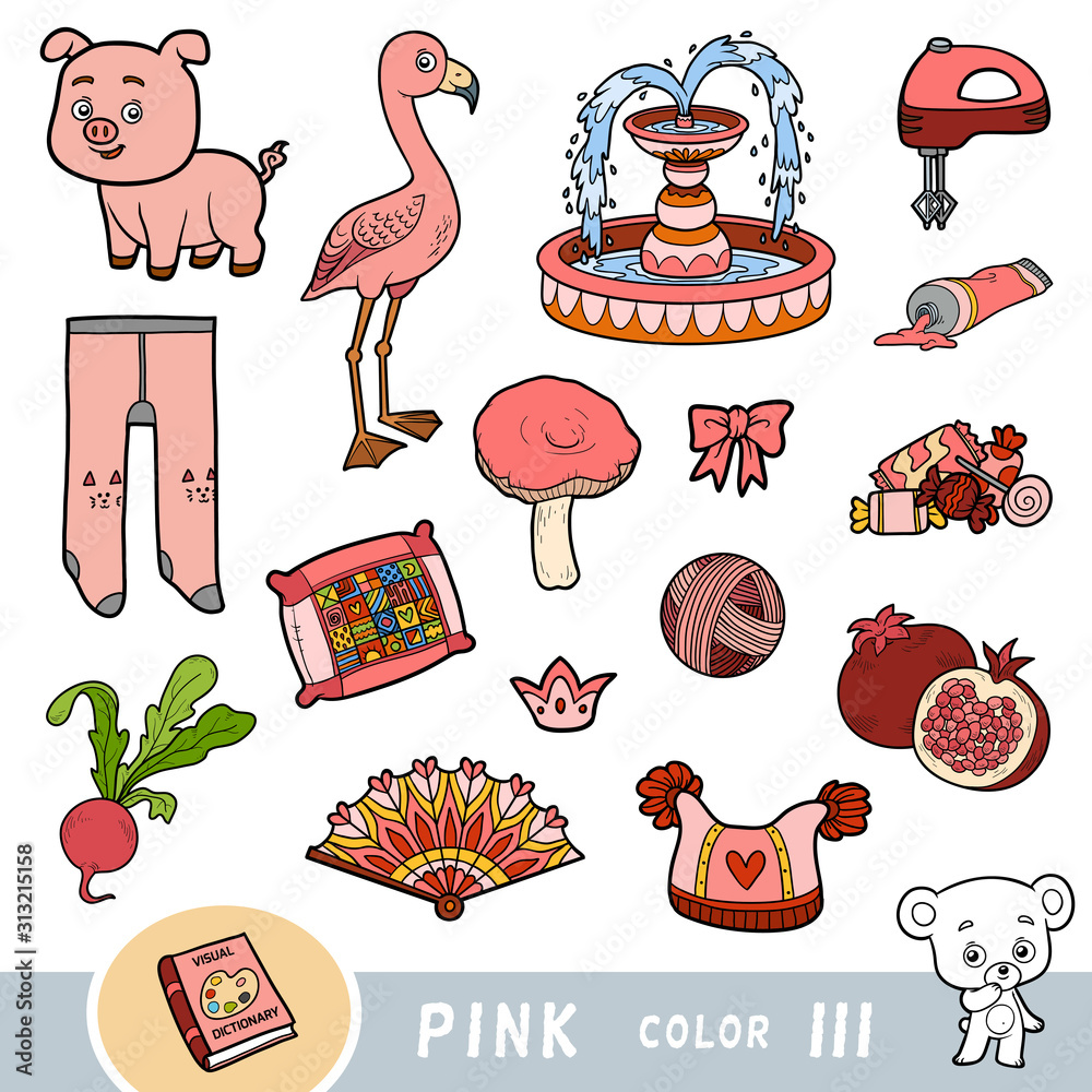 Colorful set of pink color objects. Visual dictionary for children ...