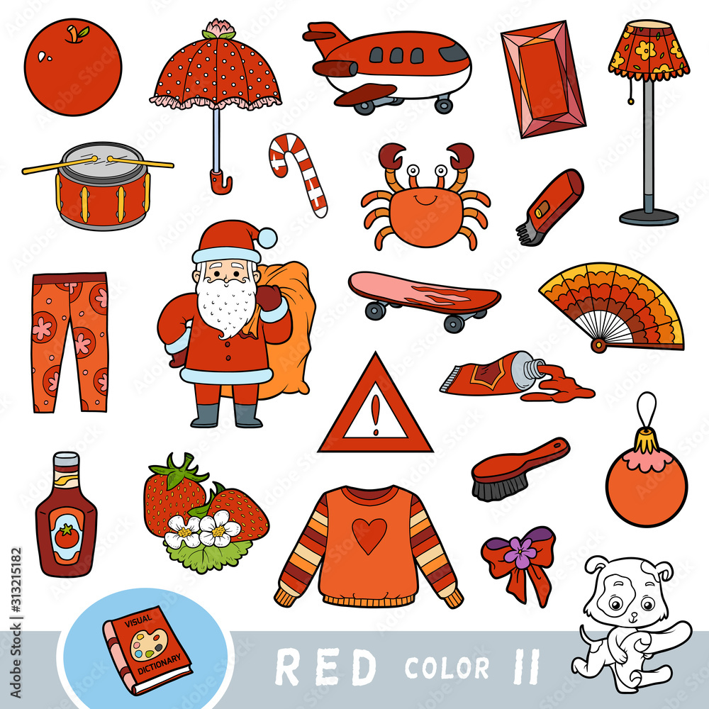 Colorful set of red color objects. Visual dictionary for children about ...