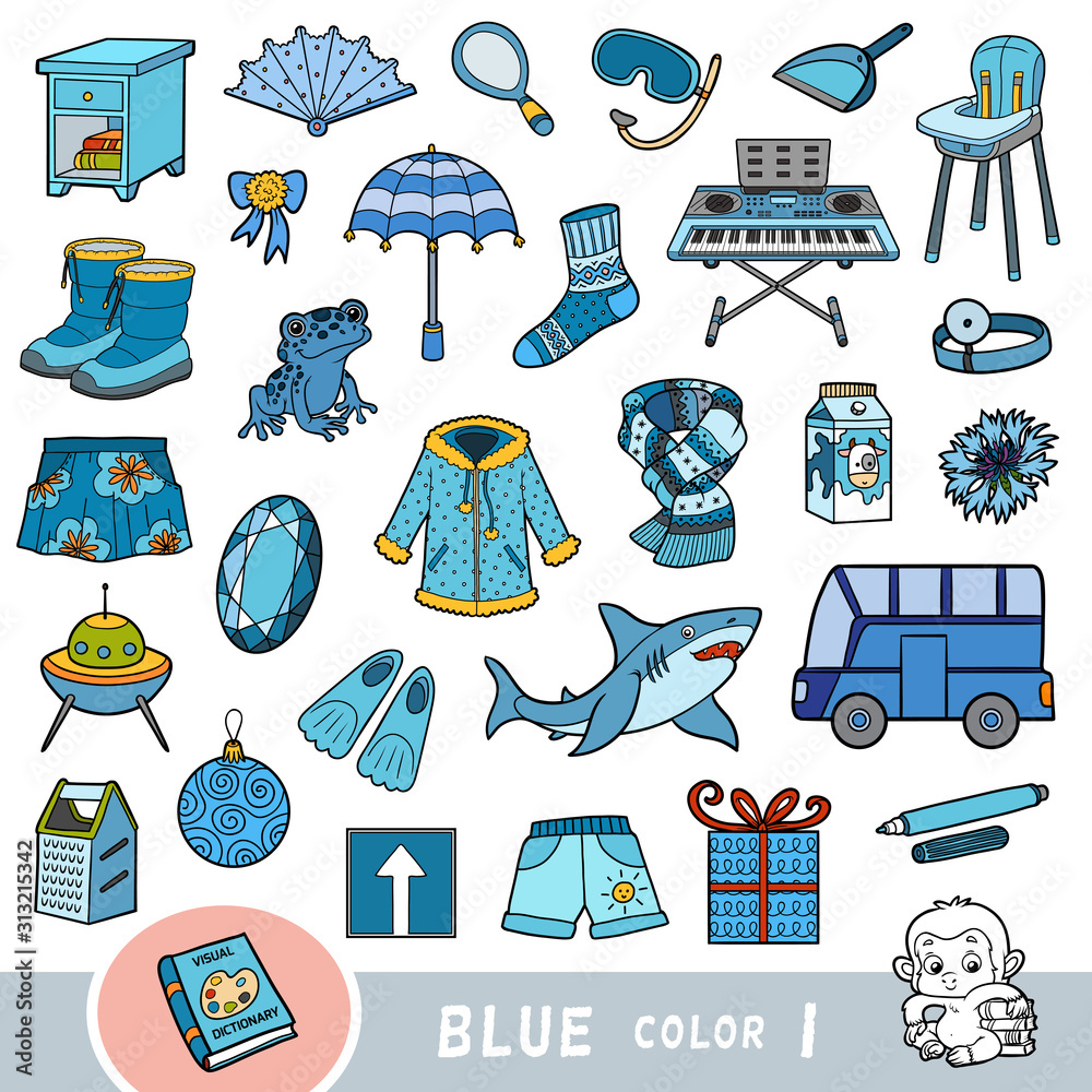 Colorful set of blue color objects. Visual dictionary for children ...