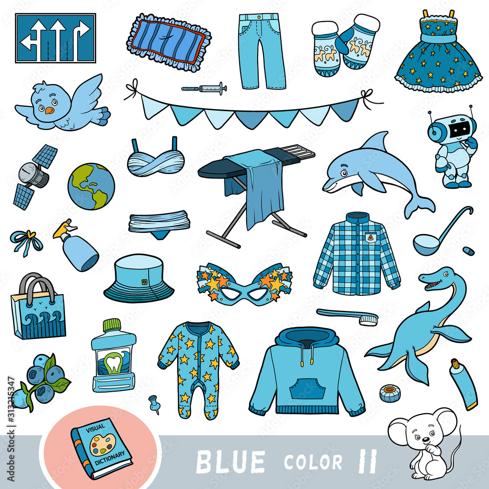 Colorful set of blue color objects. Visual dictionary for children ...