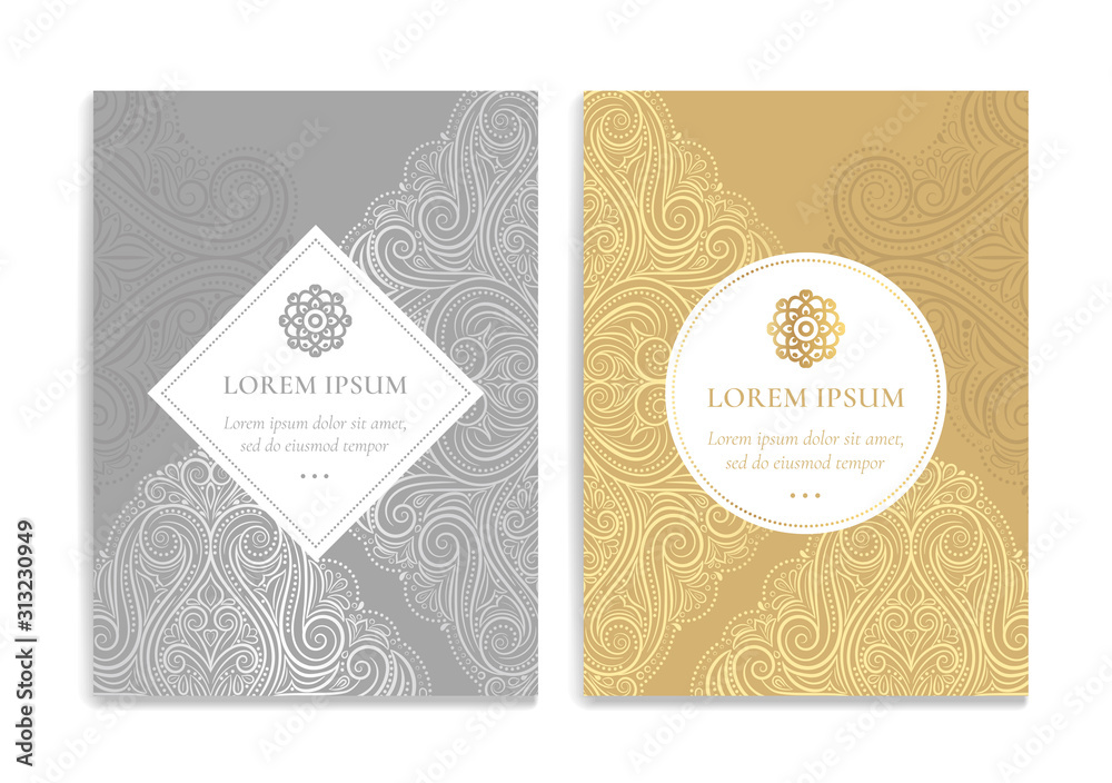 Gold and silver luxury invitation card design. Vintage ornament ...