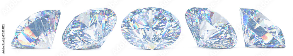 Set of cut diamonds with shadow and glowing lens flares. 3D rendering ...