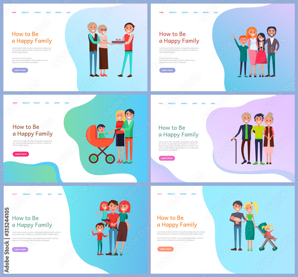 How to be happy family website with buttons. Portrait view of parents ...