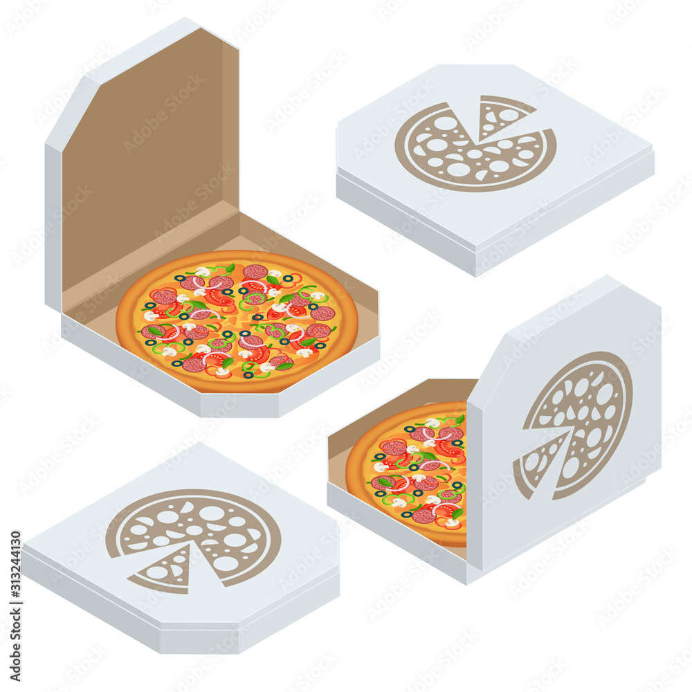 Isometric set of white pizza box template isolated on white background ...