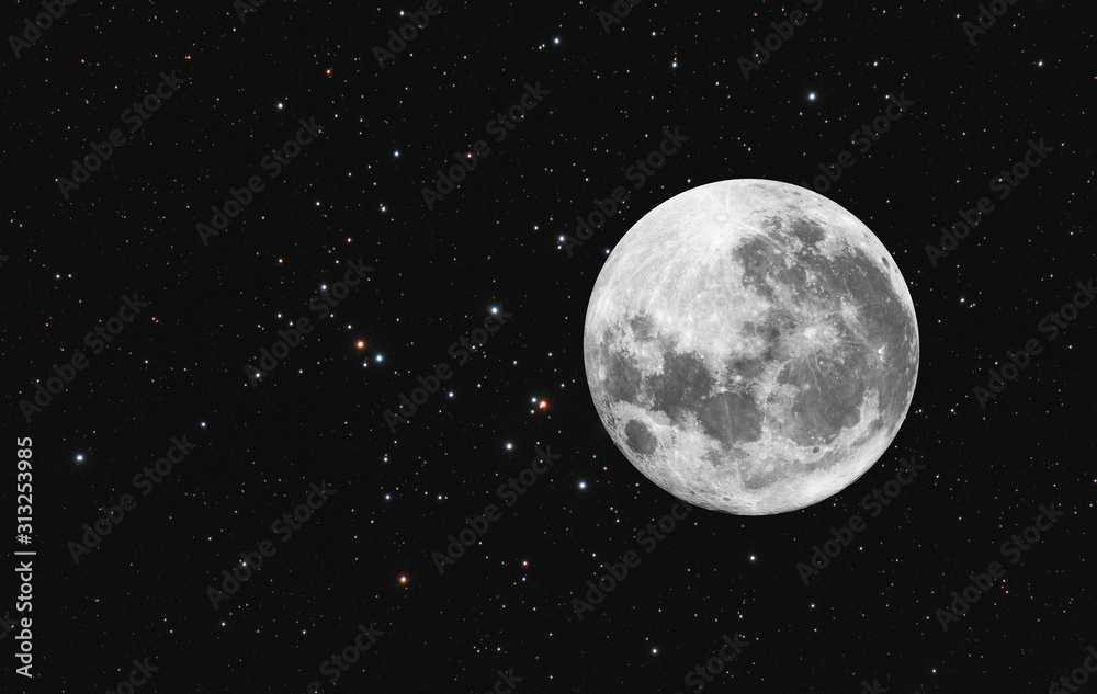 Full white Moon phase, isolated in the open cluster of stars Messier 44 ...