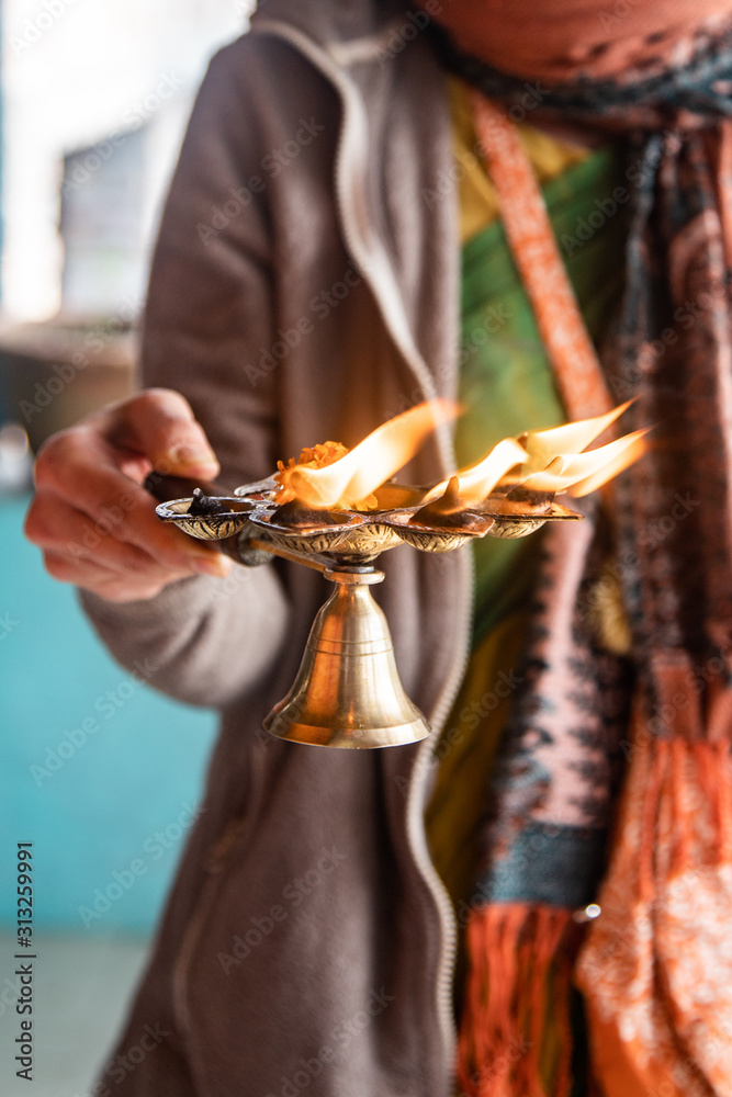 traditional Indian oil lamp objects for worship the Deities in the ...