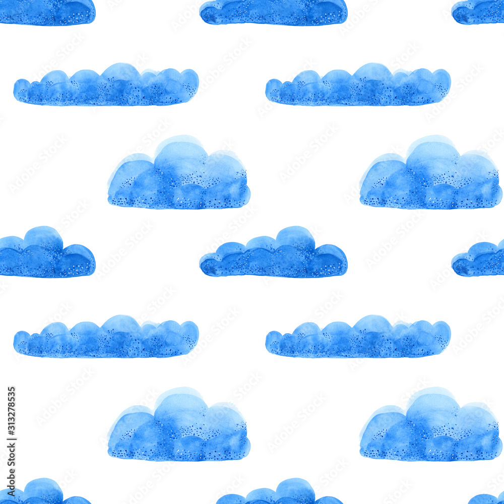 Hand drawn blue watercolor cloud seamlesspattern on white background ...