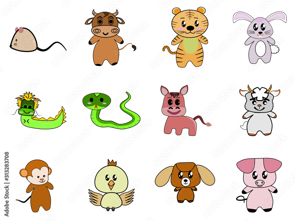 Twelve zodiac animal set cute cartoon rat, cow, tiger, rabbit, dragon ...
