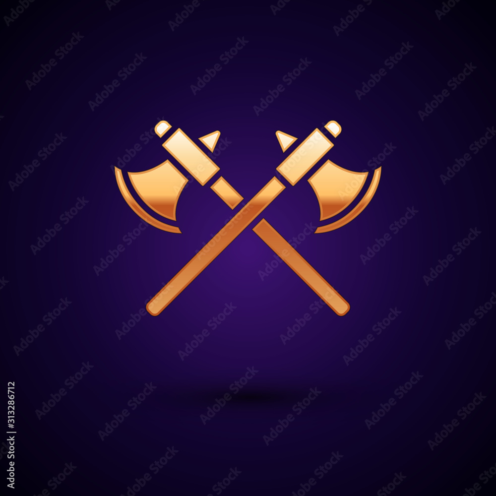Gold Crossed medieval axes icon isolated on dark blue background. Battle axe, executioner axe ...