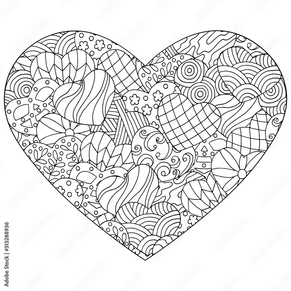 Vector abstract heart with hand-drawn patterns, coloring page Stock ...