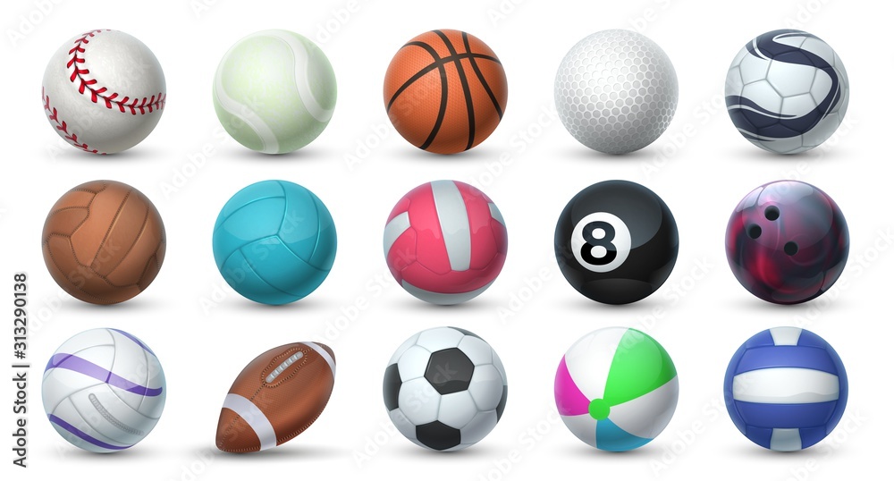 Realistic sport balls. 3D equipment for football, soccer, baseball ...