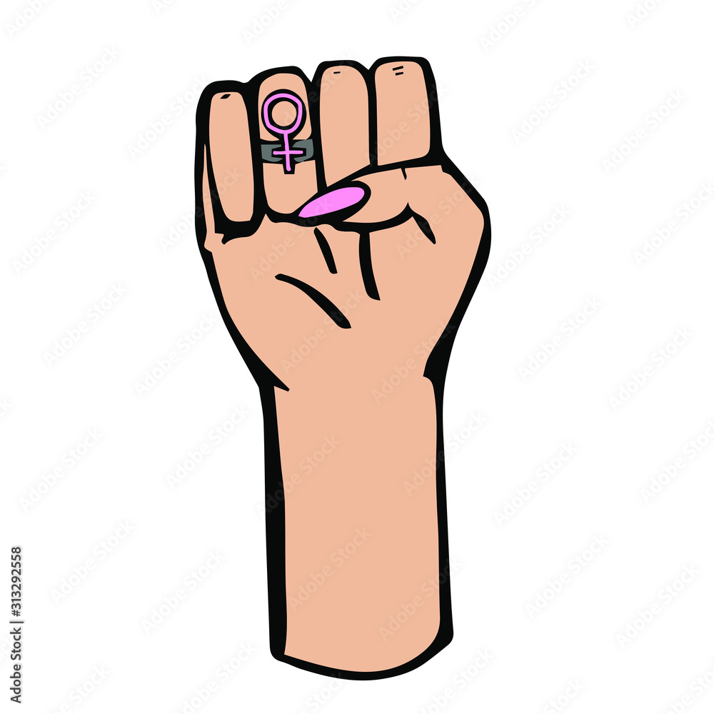 Woman fist with symbol of feminism raised up. Hand drawn vector stock ...