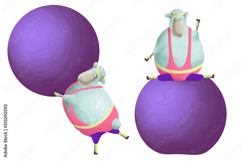 Aerobic in 80th style. Cute funny sheep posing with ball. Clip art set ...