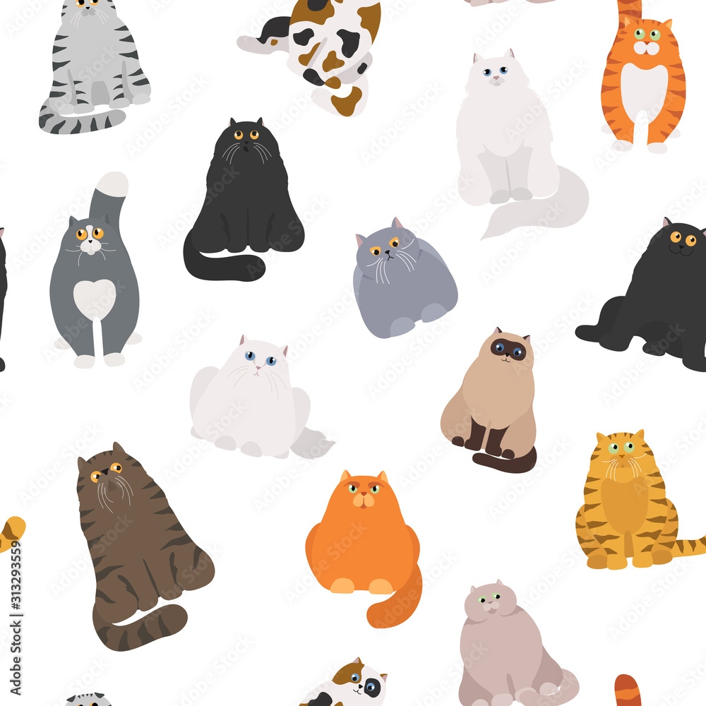 Cat poster. Cartoon cat characters seamless pattern. Different cat`s ...