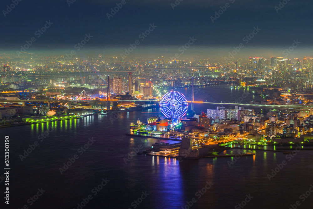 Aerial view of the ferris wheel, Tempozan The Riverfront, near Osaka ...