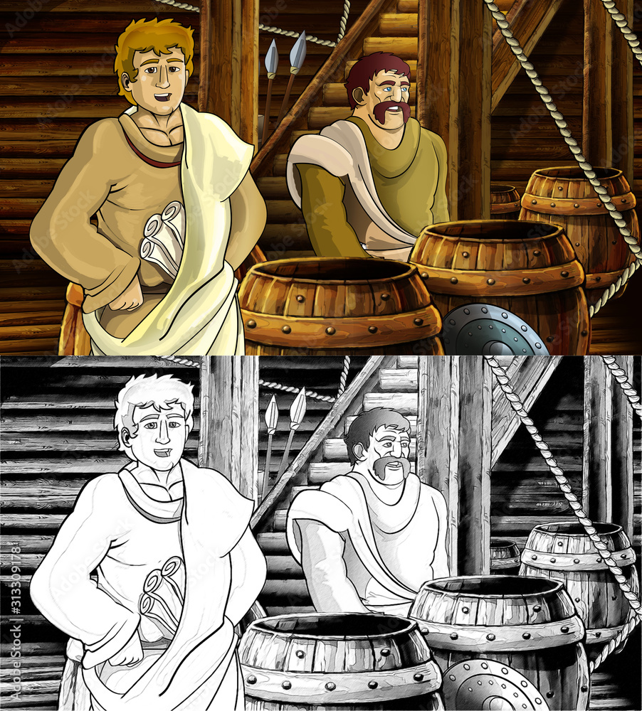 cartoon scene with roman or greek ancient character inside wooden ship ...