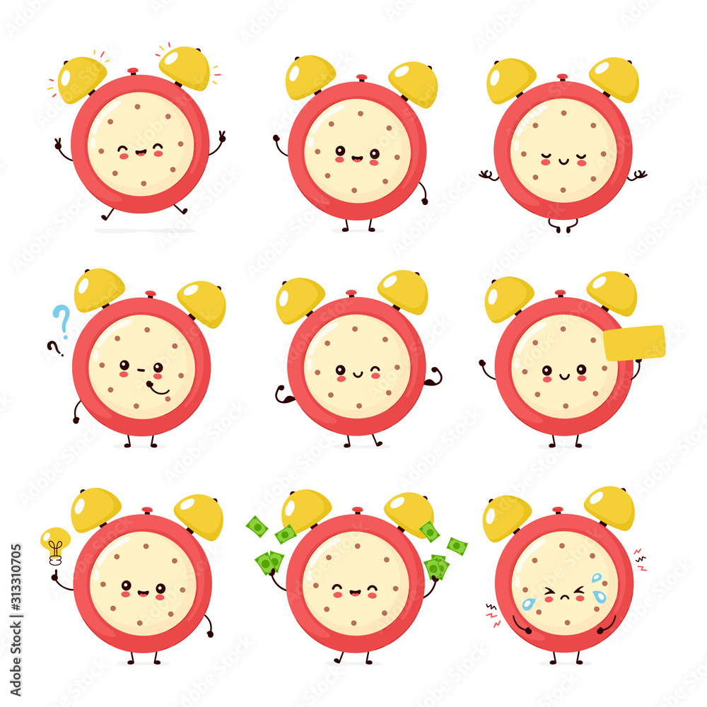 Cute smiling happy alarm time clock set Stock Vector | Adobe Stock
