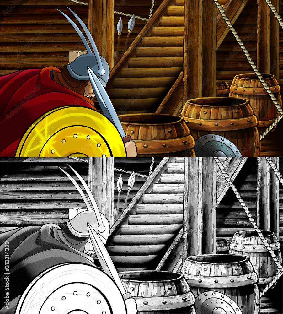 cartoon scene with roman or greek ancient character inside wooden ship ...