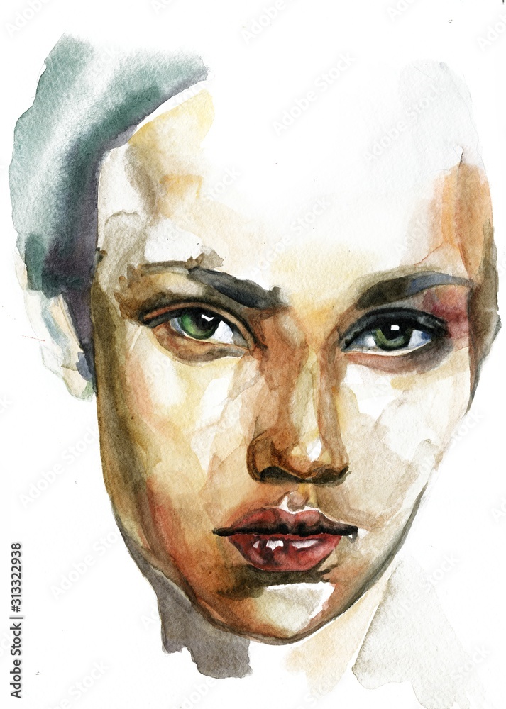 Caucasian woman portrait hand drawn watercolor illustration Stock ...
