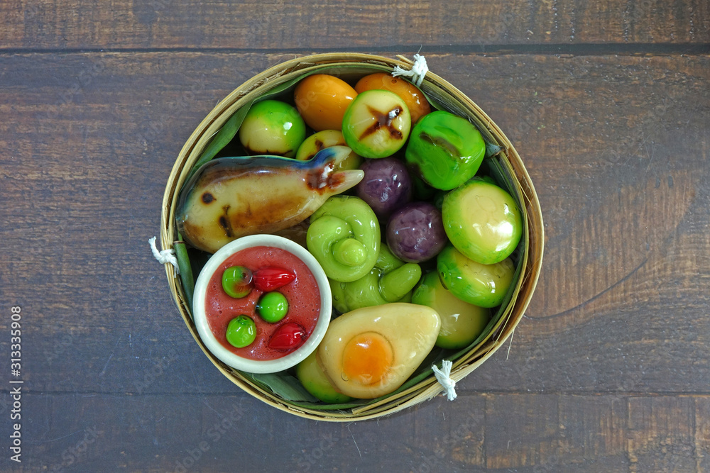 Kanom Look Choup (Marzipan), famous Thai dessert in Shaped of Fried ...