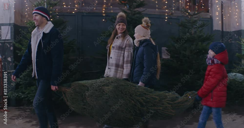 Caucasian family bringing packed Christmas tree from the shop. Shot on ...
