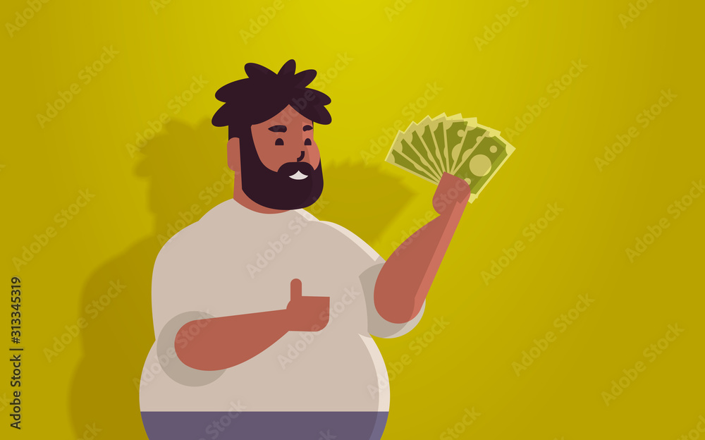 fat man holding money bills financial success wealth concept african ...
