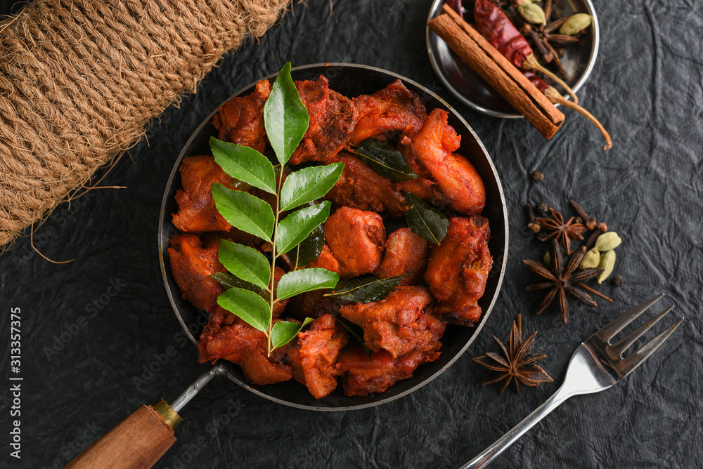 Fried chicken Kebab or Kabab, Chicken Tikka Masala dark black ...