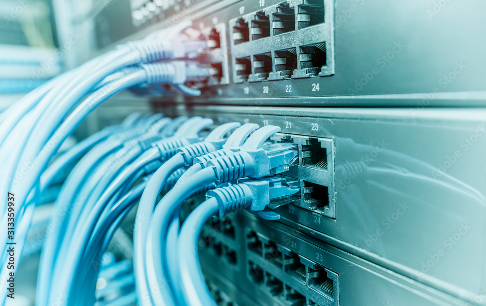 Server rack with blue and red internet patch cord cables connected to ...
