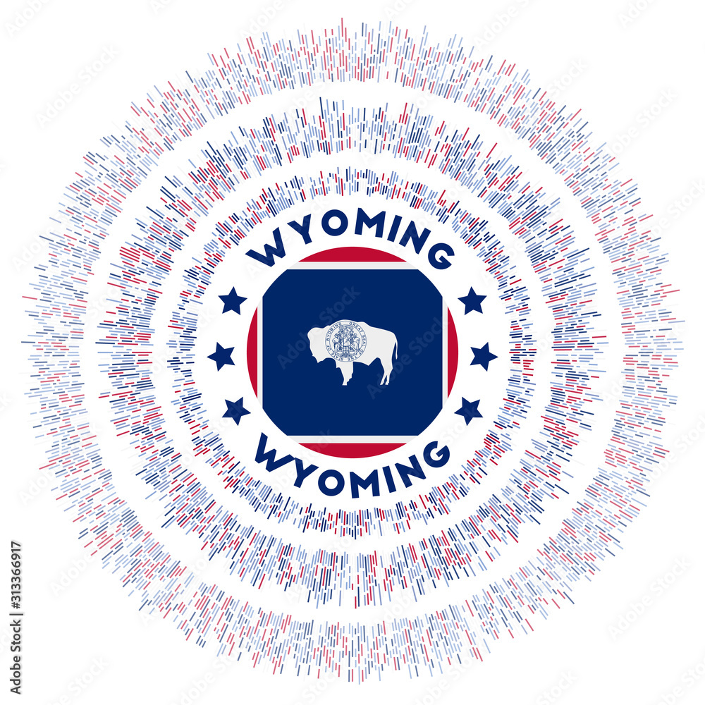 Wyoming symbol. Radiant us state flag with colorful rays. Shiny ...