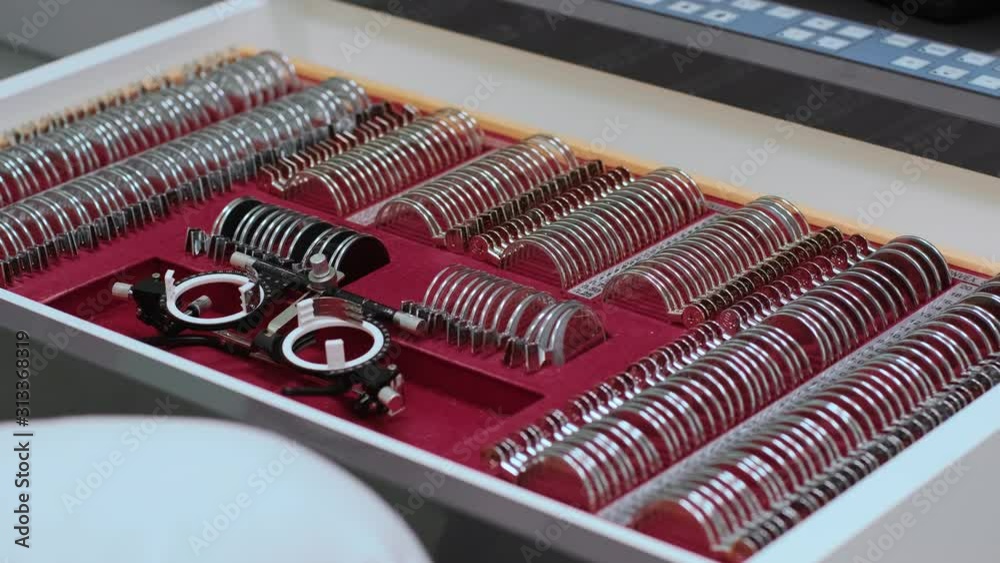 Optometrist trial frame case. Box with different lenses and frame for ...