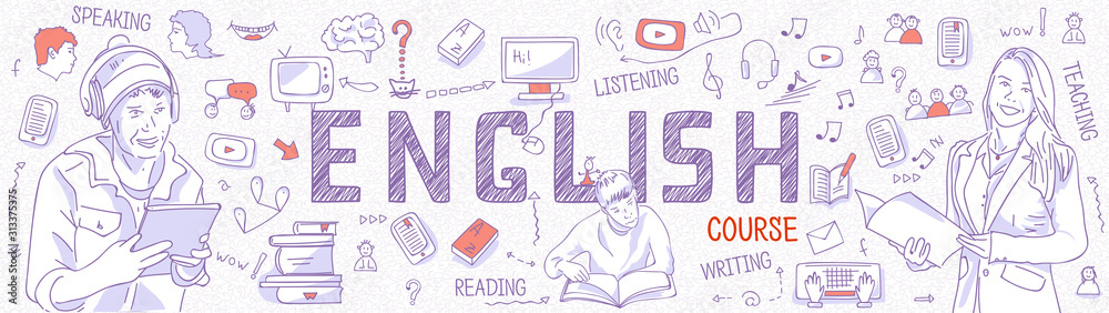 Horizontal Internet banner learning English: language teacher with ...