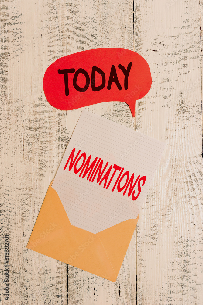 Text sign showing Nominations. Business photo text the act of ...