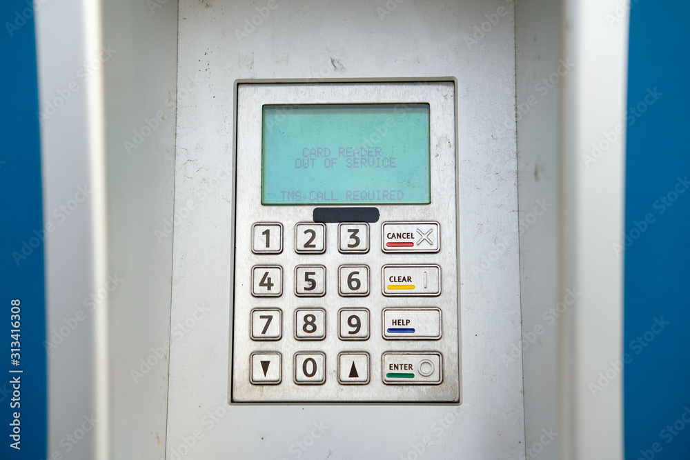 Out of Order Cash ATM machine showing an LCD display that the teller ...