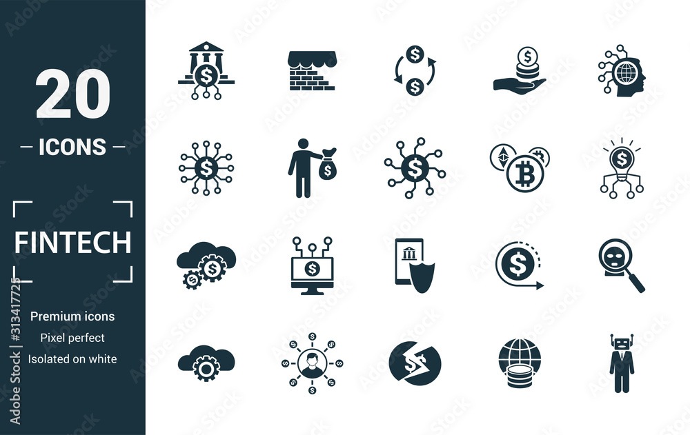 Fintech icon set. Include creative elements online banking, direct ...