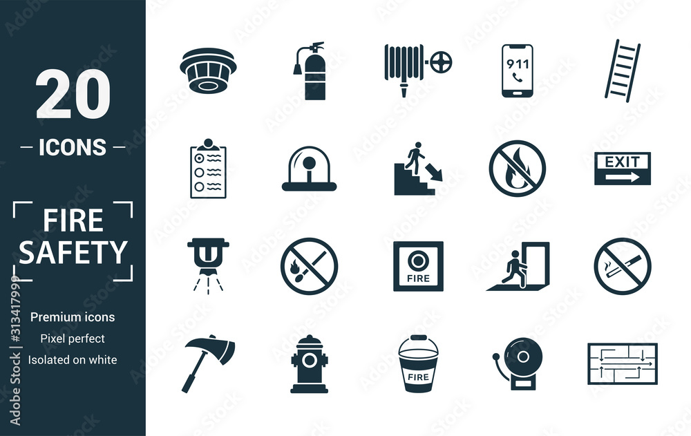 Fire Safety icon set. Include creative elements smoke detector, fire ...