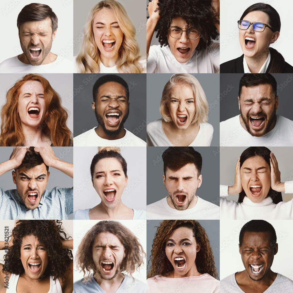 Set of diverse angry people screaming, furious men and woman shouting ...