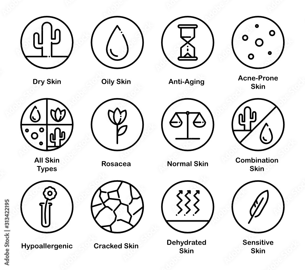 Different Skin Types. Cosmetic Vector Icon Set. vector de Stock | Adobe ...