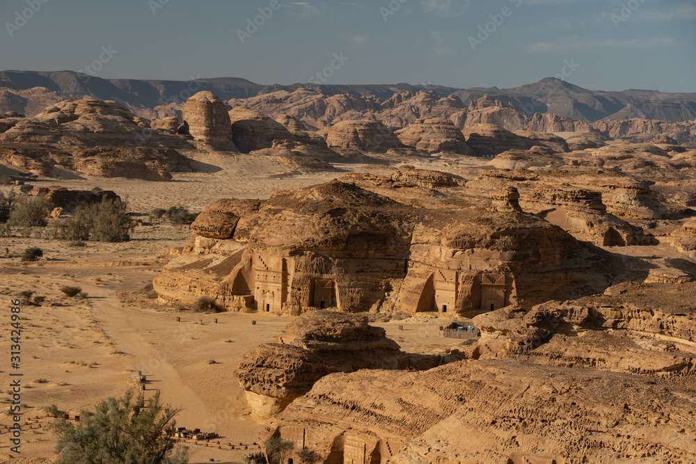 Mada'in Saleh Ancient heritage site from the air, Al Ula, Saudi Arabia ...