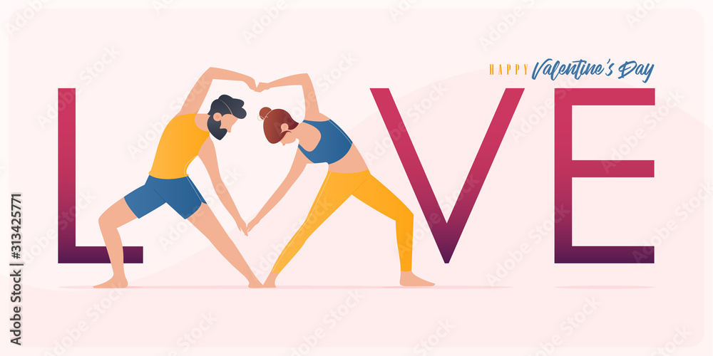 Happy Valentine’s day banner with couple yoga poses. Year of good ...
