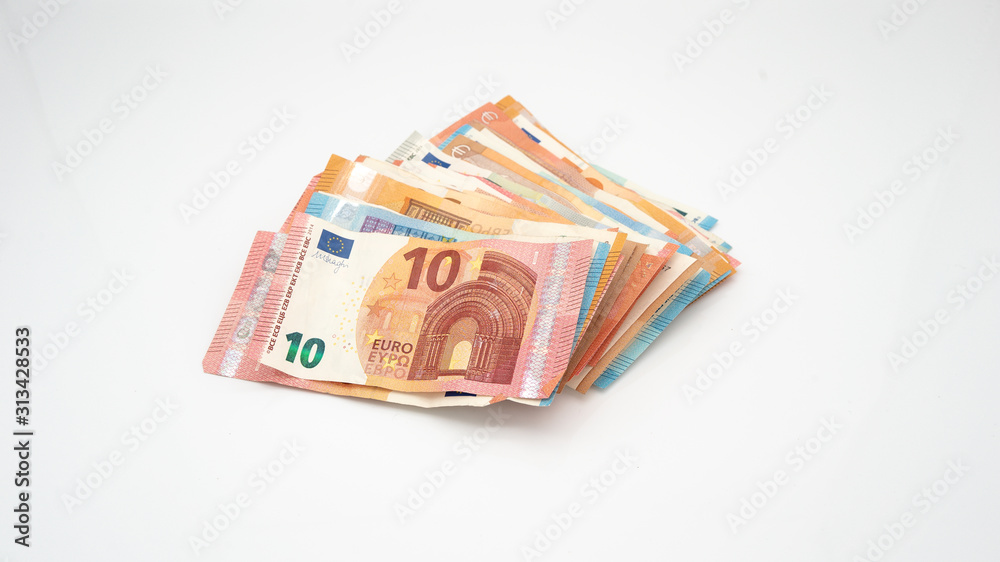 Euro Geld Scheine Bargeld Stapel vor weißen Hintergrund Stock Photo ...