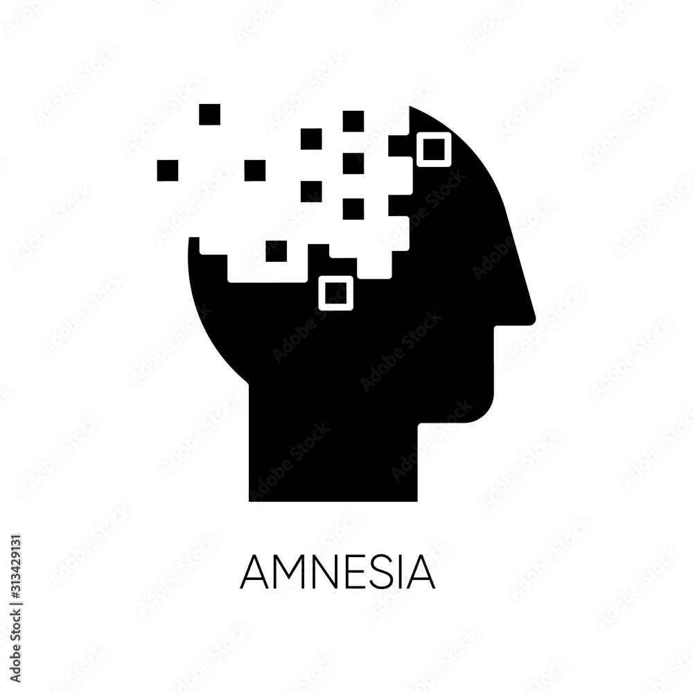 Amnesia glyph icon. Memory loss. Forgetting from brain injury. Trouble ...