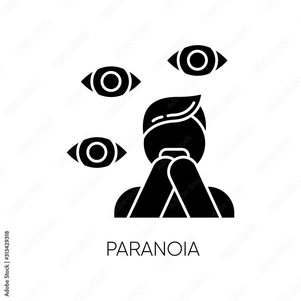 Paranoia glyph icon. Panic attack. Scared person. Terrified man. Stress ...