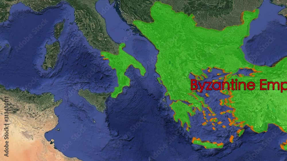 Byzantine Empire boundaries. Imperial on 3D rotating old historic world ...